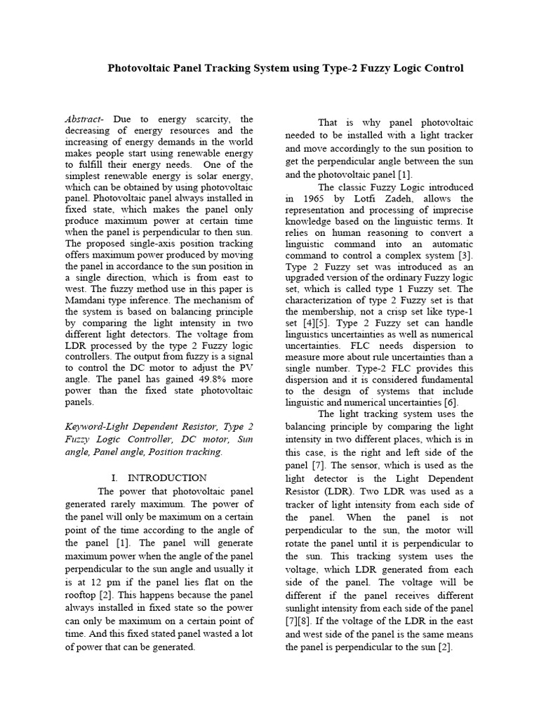 Panel Photovoltaic Tracking Using Fuzzy Logic | PDF | Fuzzy Logic ... Panel Photovoltaic Tracking Using Fuzzy Logic | PDF | Fuzzy Logic ...