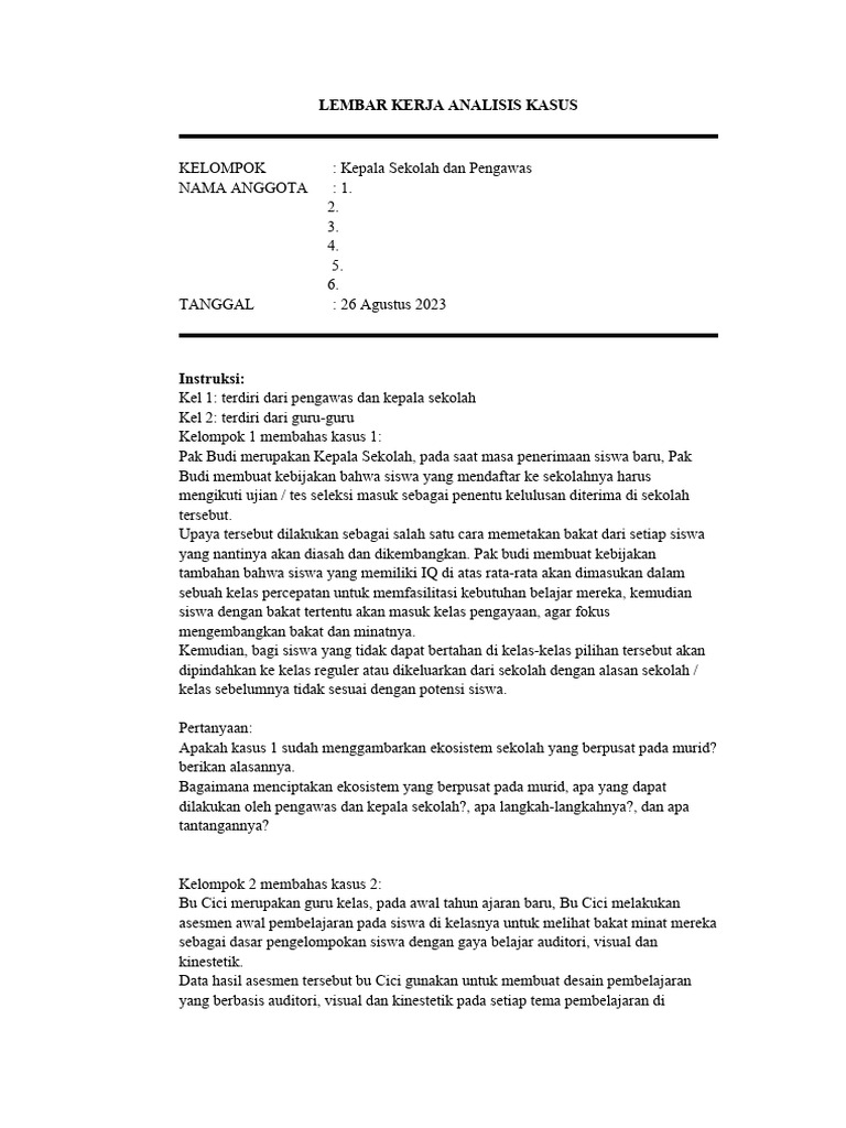 Lembar Kerja 2. Ruang Kolaborasi (Analisis Kasus) . | PDF