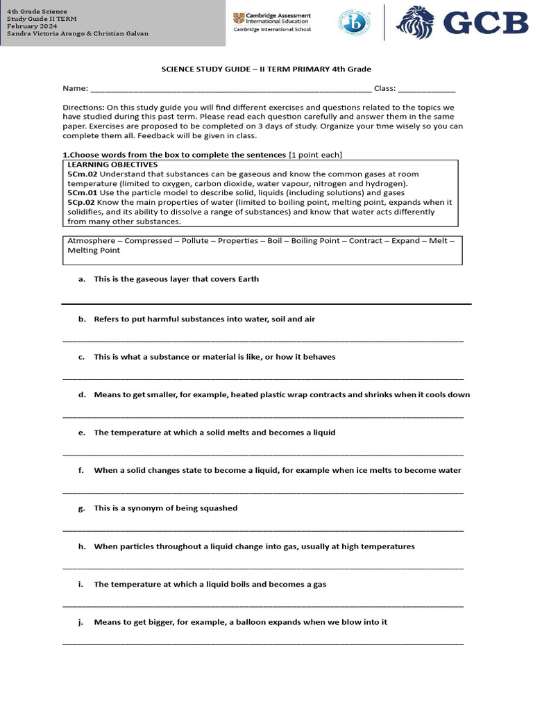 2nd Term Study Guide 4th Grade Feb 2024 Cambridge Objectives | PDF | Water | Liquids