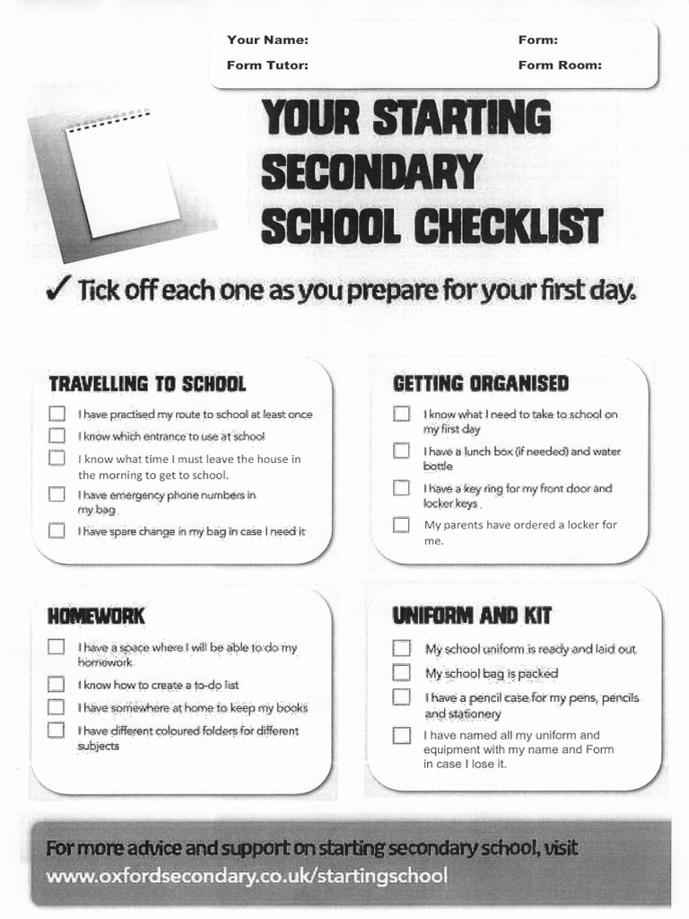 Starting Secondary School Checklist | PDF Starting Secondary School Checklist | PDF