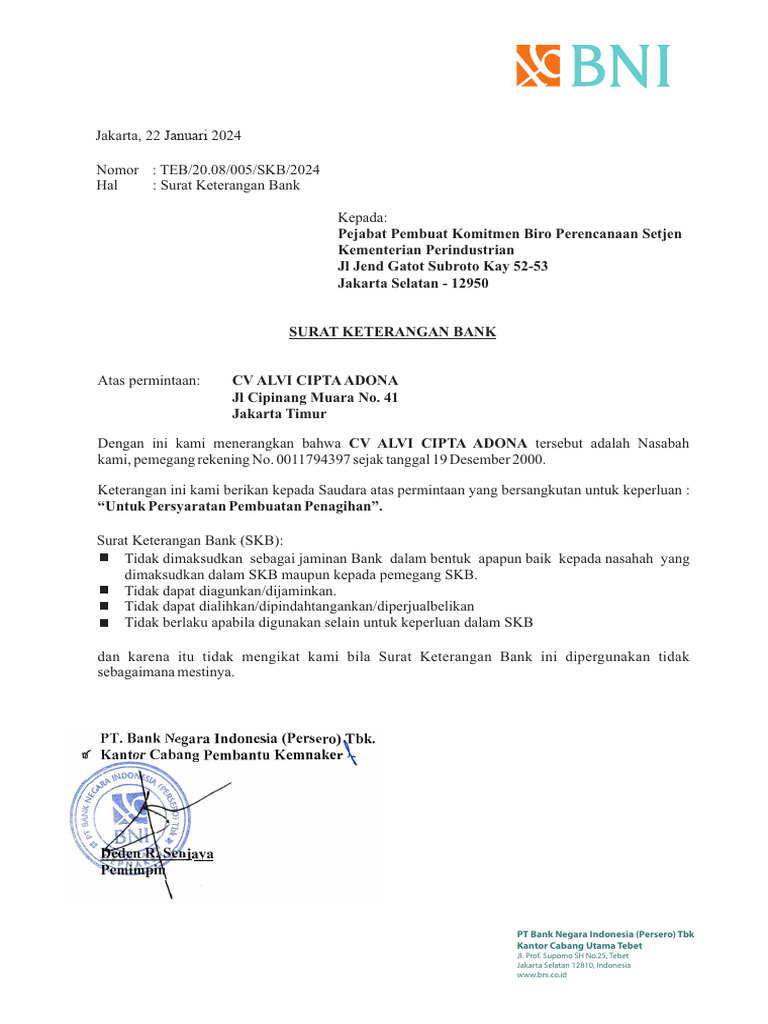 Surat Bni Referansi 2024 | PDF