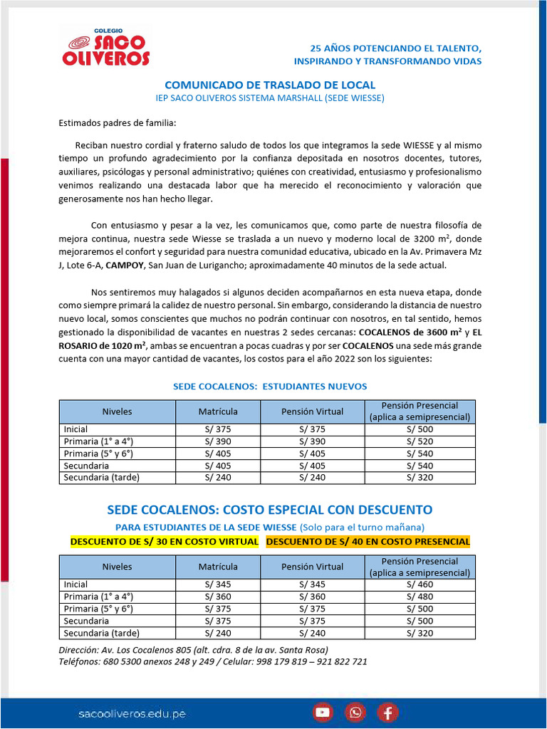 Comunicado PPFF - Traslado de Sede Wiesse | PDF