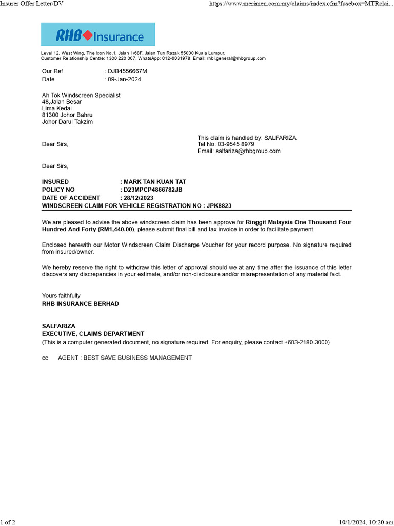 Insurer Offer Letter - DV - JPK8823 | PDF