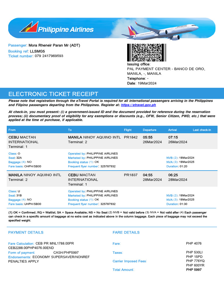 Electronic Ticket Receipt 26MAR For RHENEIR PARAN MORA | PDF | Airlines