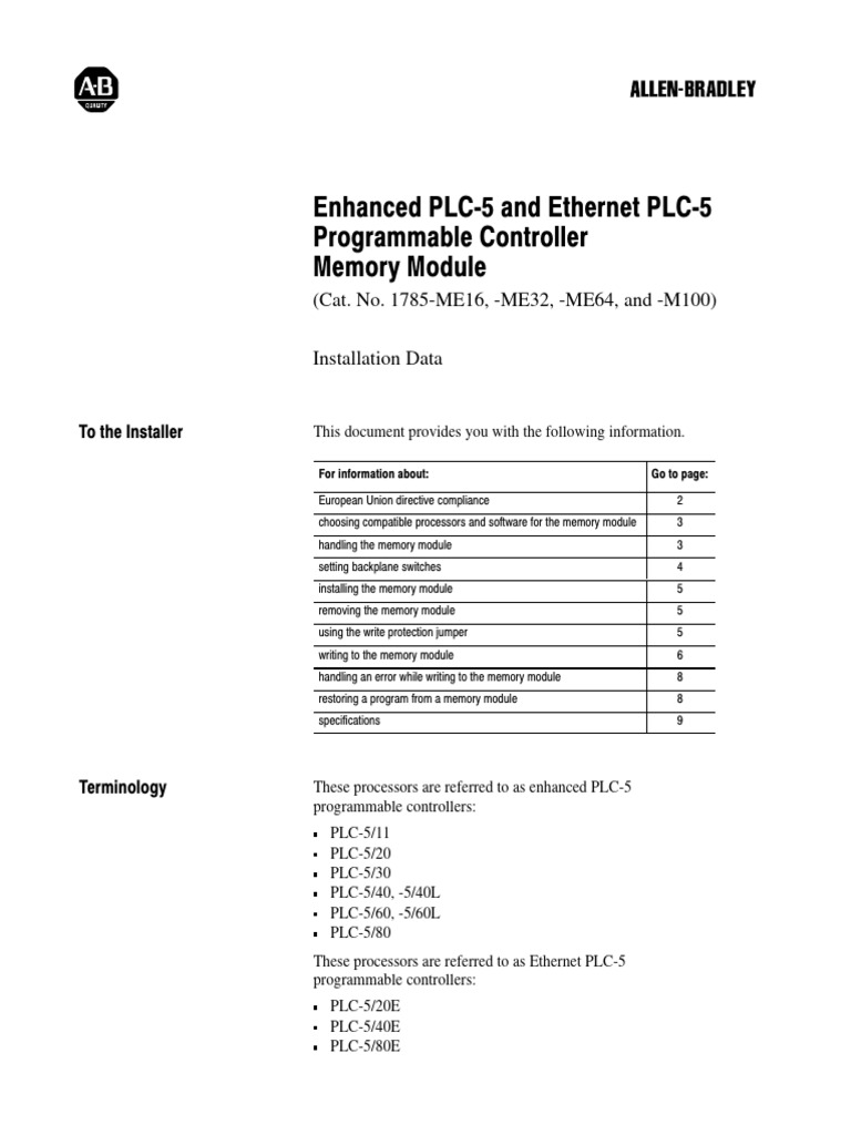 Enhanced PLC5 and Ethernet PLC5 Programmable Controller Memory Module | PDF | Electromagnetic ...