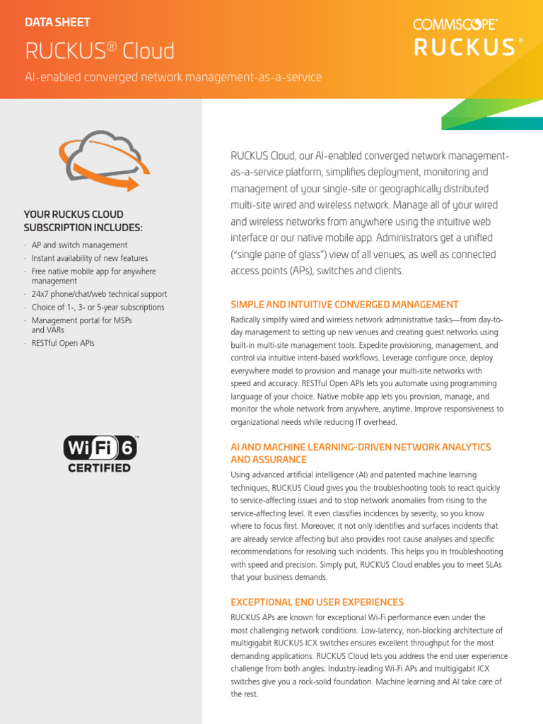 RUCKUS Cloud Datasheet VoIP Supply | PDF | Wi Fi | Cloud Computing
