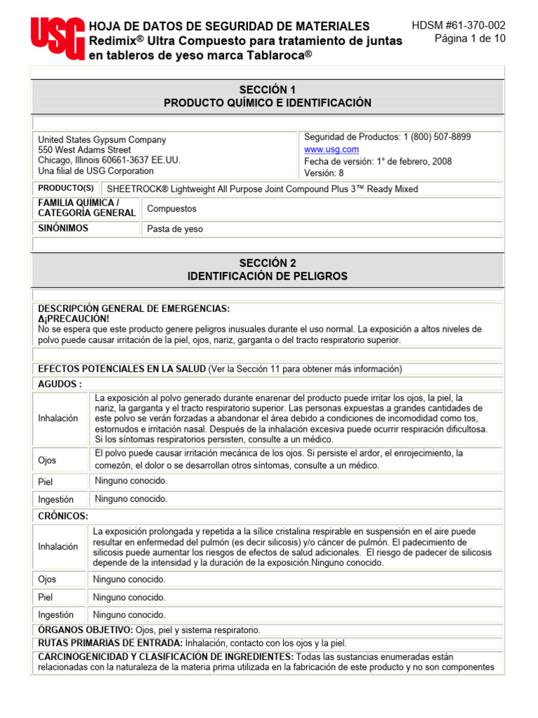 Hoja Tecnica MSDS Redimix Ultra-Usg | PDF | Cáncer | Carcinógeno