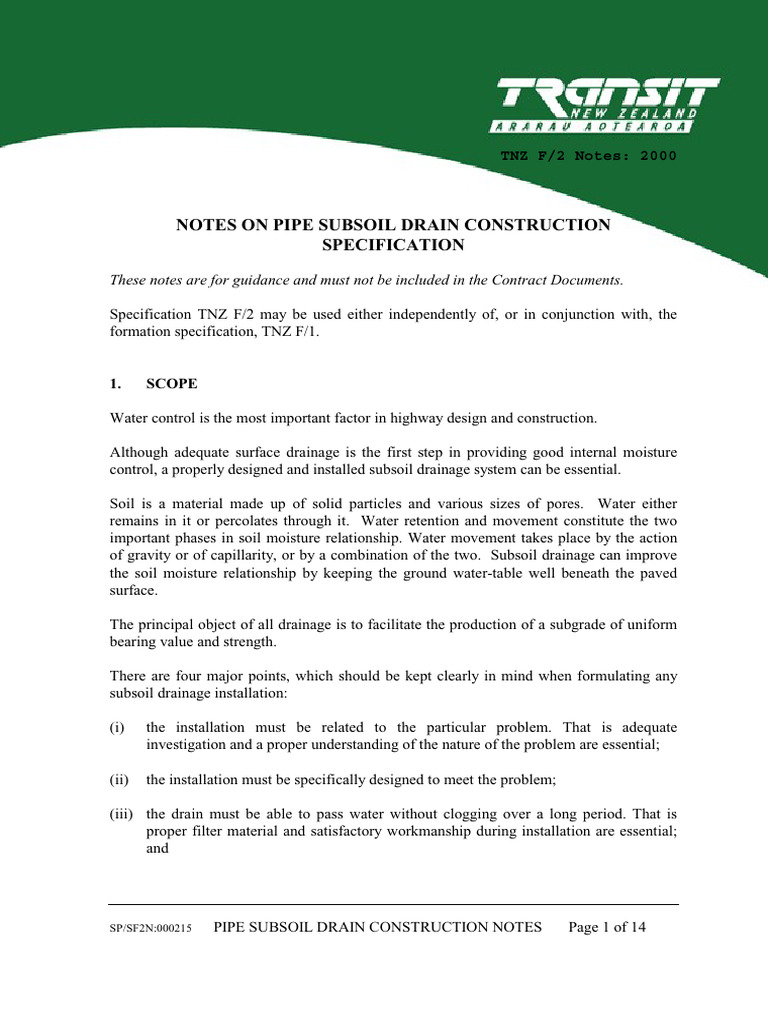 Notes On Pipe Subsoil Drain Construction Specification | Download Free ...