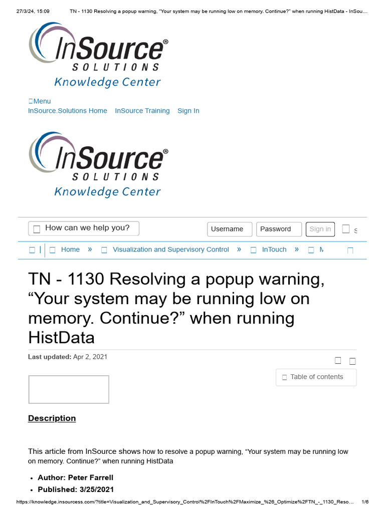 TN - 1130 Resolving A Popup Warning, "Your System May Be Running Low On Memory. Continue ...