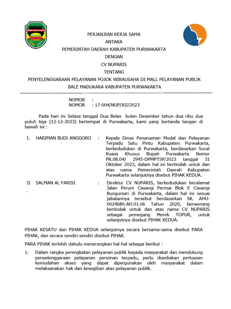 Kerja Sama Pojok Wirausaha MPP | PDF