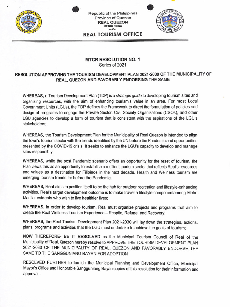 MTCR Resolution No. 1 Series of 2021 Resolution Approving The Tourism ...