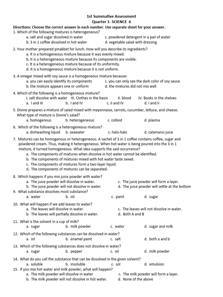 1st Quarter Summative Assessment SCIENCE & FILIPINO 6 | PDF | Mixture ...