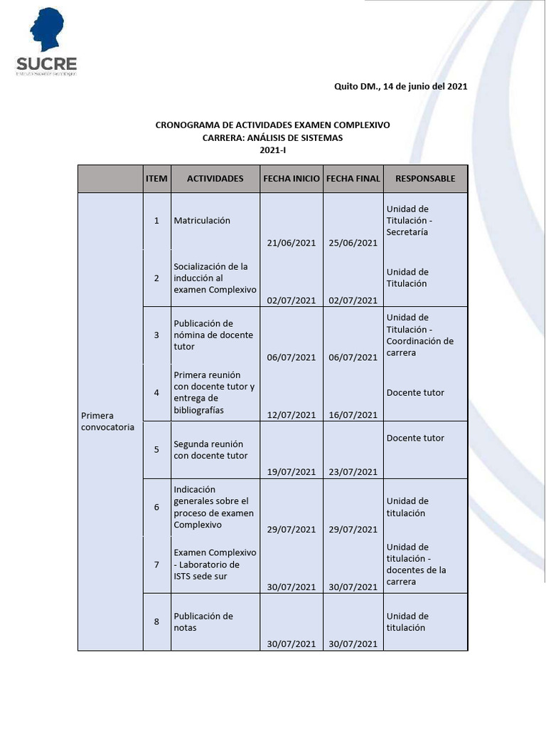 CRONOGRAMA DE ACTIVIDADES EXAMEN COMPLEXIVO_AS | PDF
