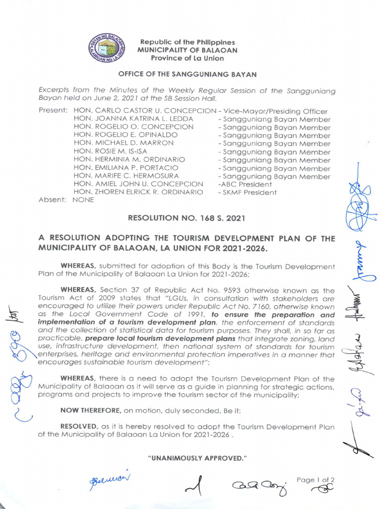 Resolution 168 S. 2021 - Adopting The Tourism Development Plan | PDF