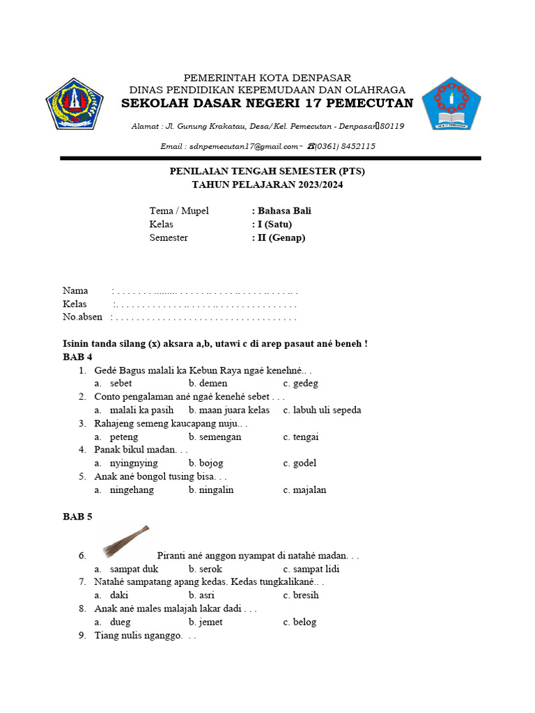 Soal Pts Semester Genap 2024 Bbali | PDF