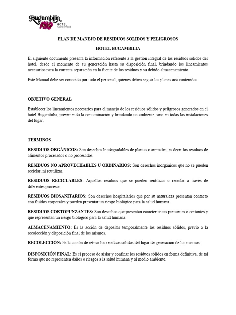 Manual Manejo Residuos Solidos Hotel Bugambilia Pdf Residuos