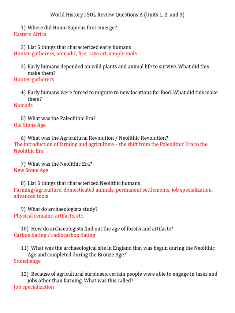 World History I Sol Review Questions A Units 1 2 and 3 Key | Download ...