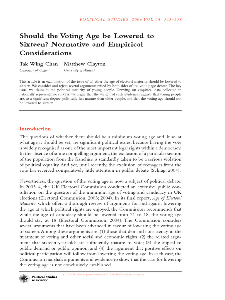 Should The Voting Age Be Lowered To Sixteen? Normative and Empirical ...