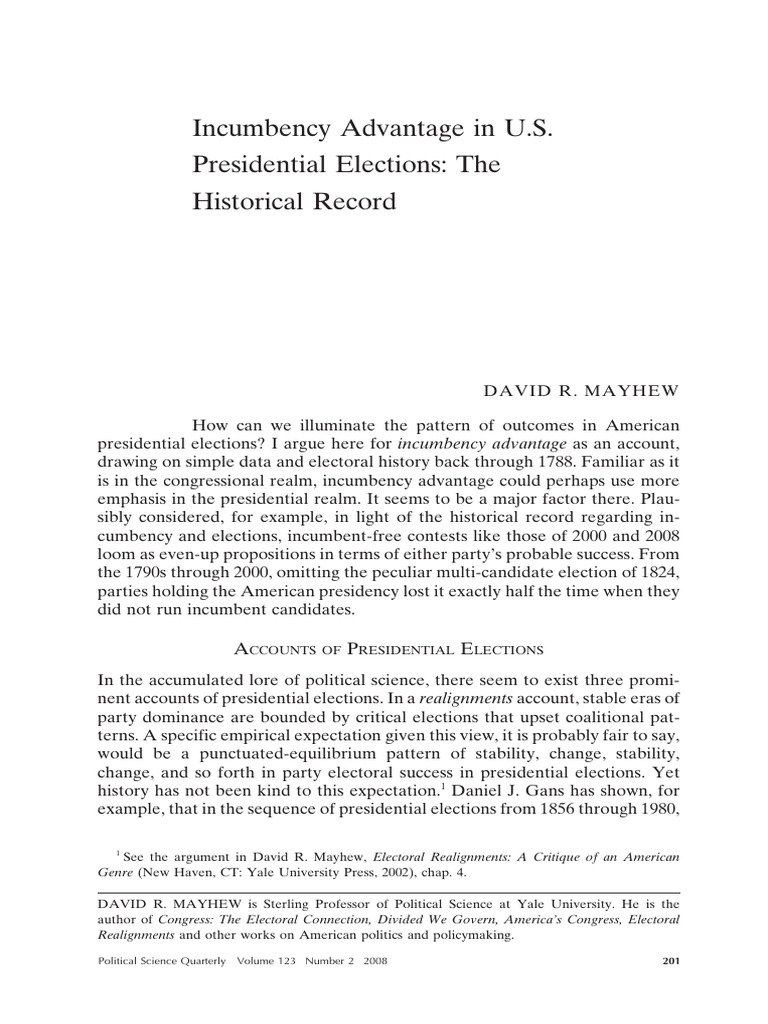 Mayhew (2008) Incumbency Advantage in US Presidential Elections The ...