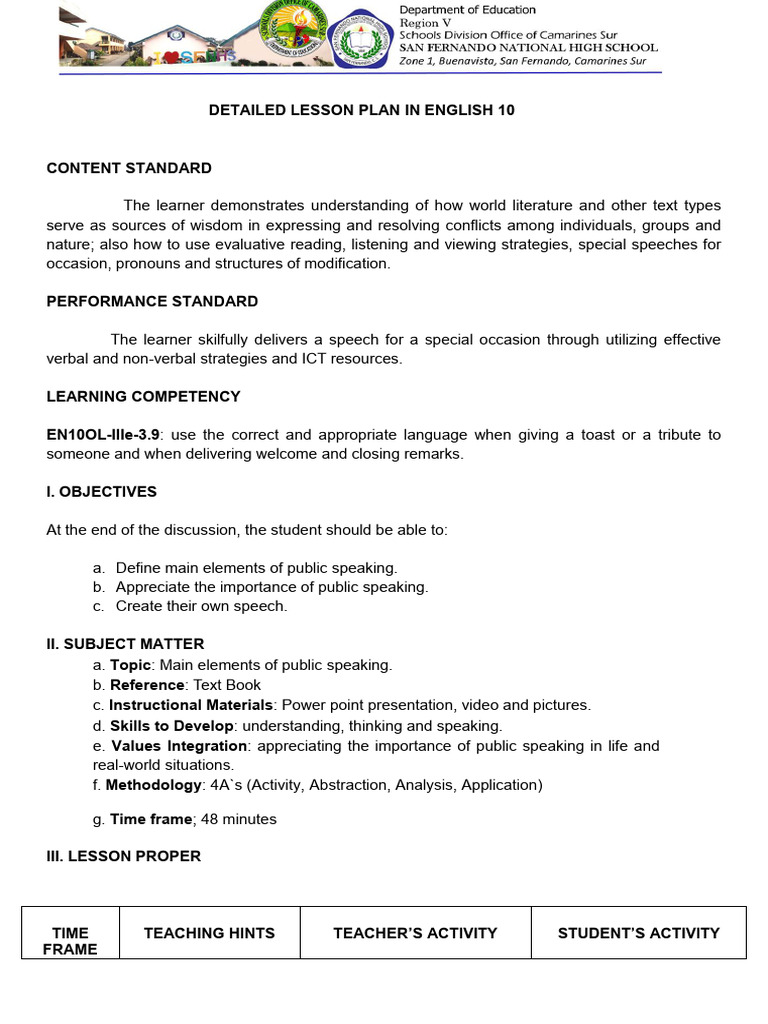 Public Speaking Lesson Plan for English 10 | PDF | Public Speaking ...