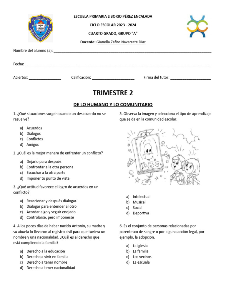 Examen: De lo Humano a lo Comunitario 2° Grado | PDF | Familia | Escuelas