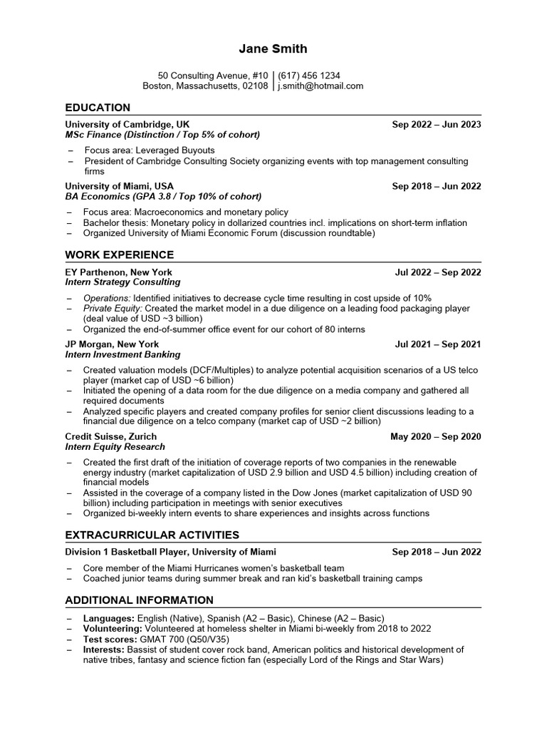 Jane Smith's Finance & Consulting Resume | PDF | Economies | Private Sector