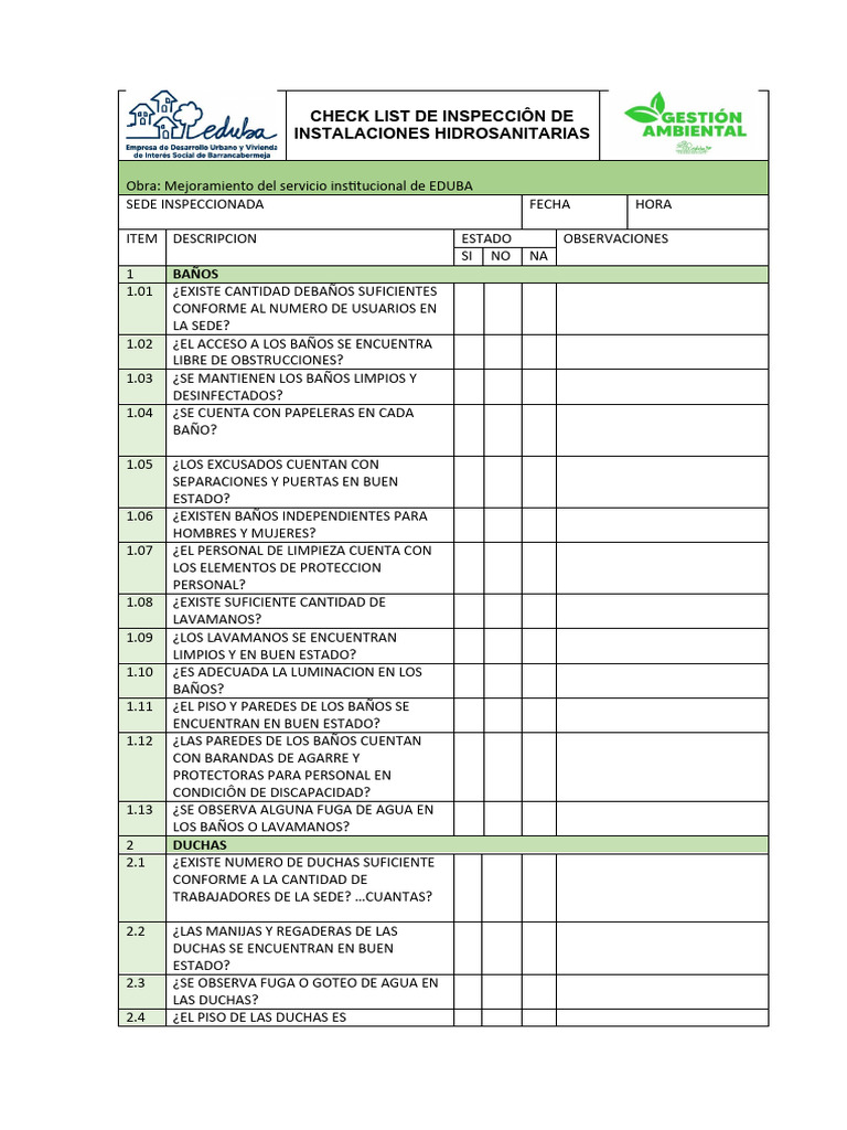 Check List de Inspecciôn de Instalaciones Hidrosanitarias | PDF