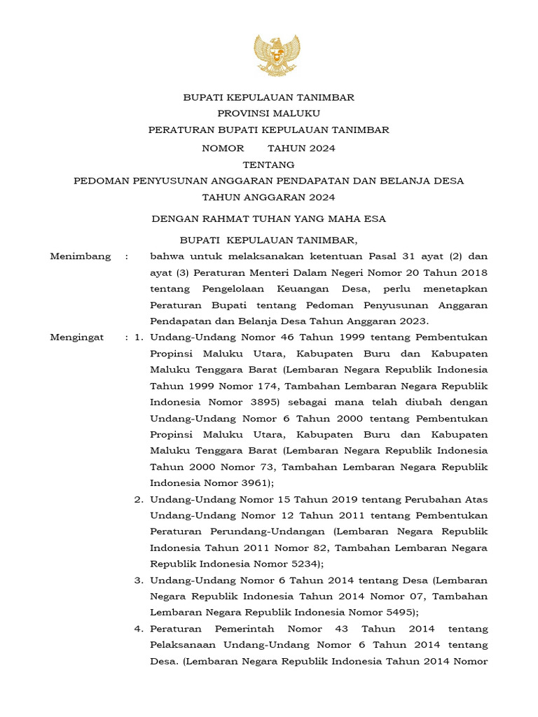 DRAFT PERBUB PEDOMAN PENYUSUNAN APB DESA 2024 - Per 07 Feb 2024 | PDF