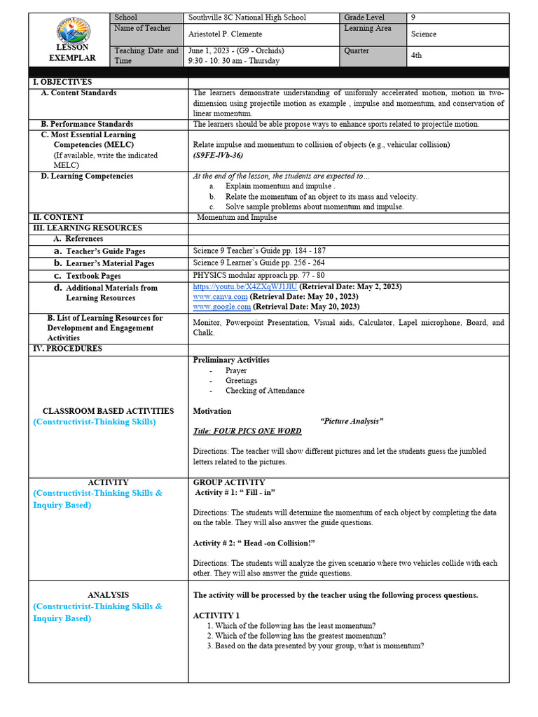 Momentum-and-Impulse-G9-Rose-3 | PDF | Momentum | Inquiry Based Learning