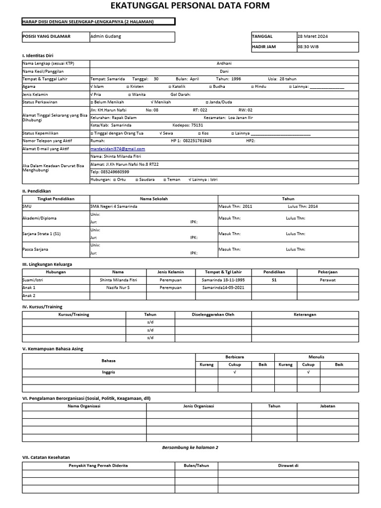 Eka Tunggal Personal Data Form Ardhani - 045704 | PDF