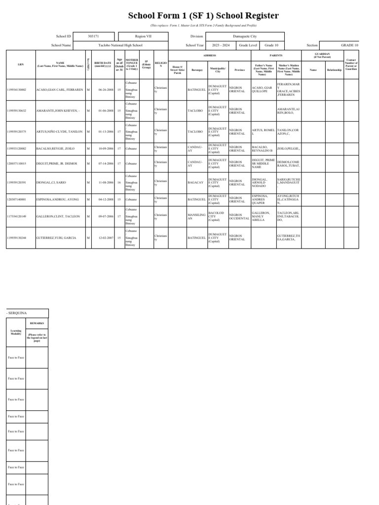 Sf1 - 2023 - Grade 10 (Year IV) - Grade 10 - Serquina | Download Free ...