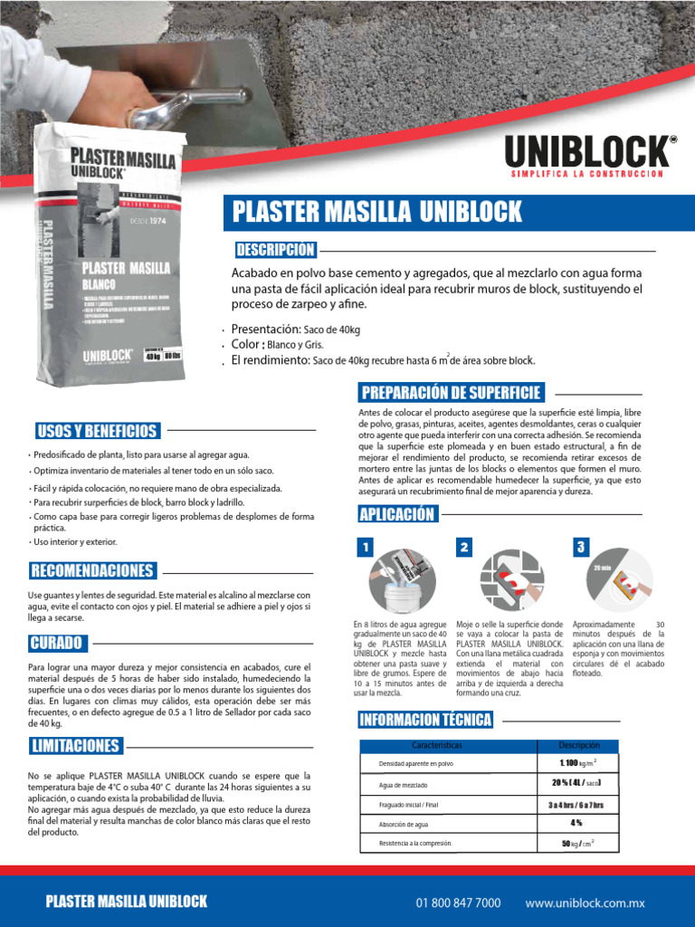Plaster Masilla Uniblock: Aplicación y Usos | PDF | Agua | Materiales