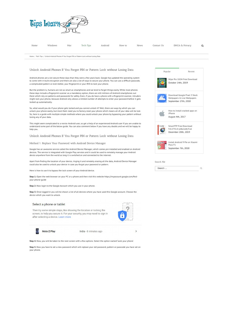 Unlock Android Phones If You Forgot PIN or Pattern Lock Without Losing Data | PDF | Android ...