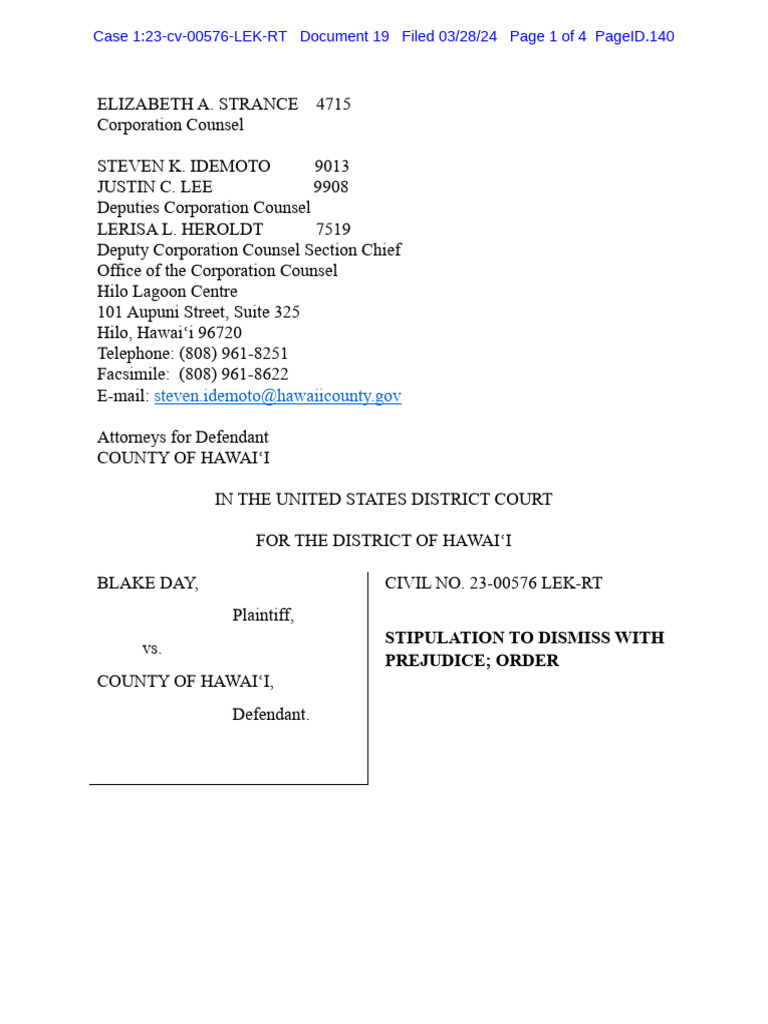 Blake Day Stipulation and Dismissal | PDF | Settlement (Litigation) | Prejudice (Legal Term)