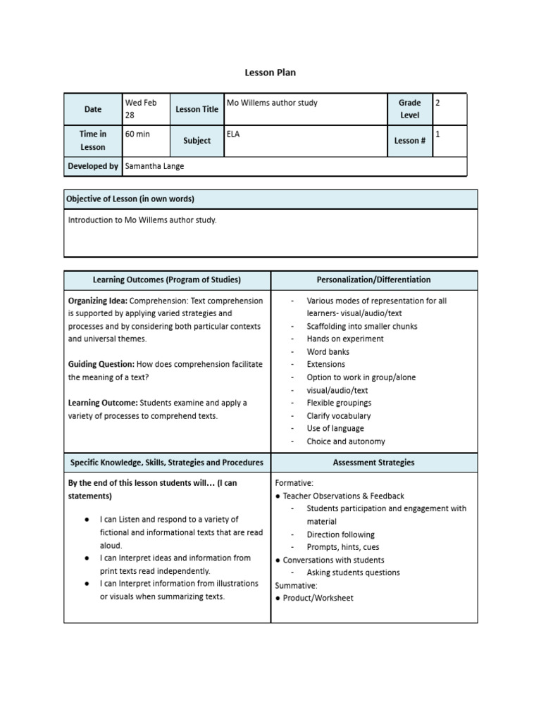 grade 2 ela mo willems author study | PDF | Reading Comprehension ...