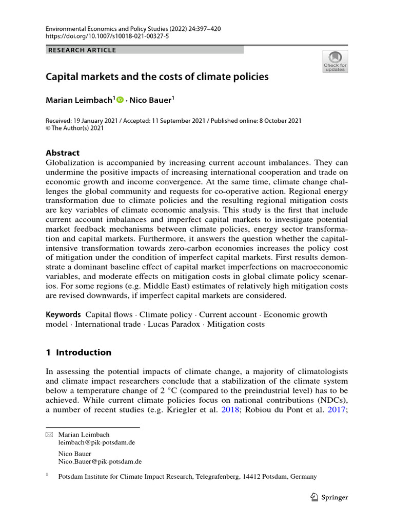 Capital Markets and The Costs of Climate Policies | PDF | Climate ...