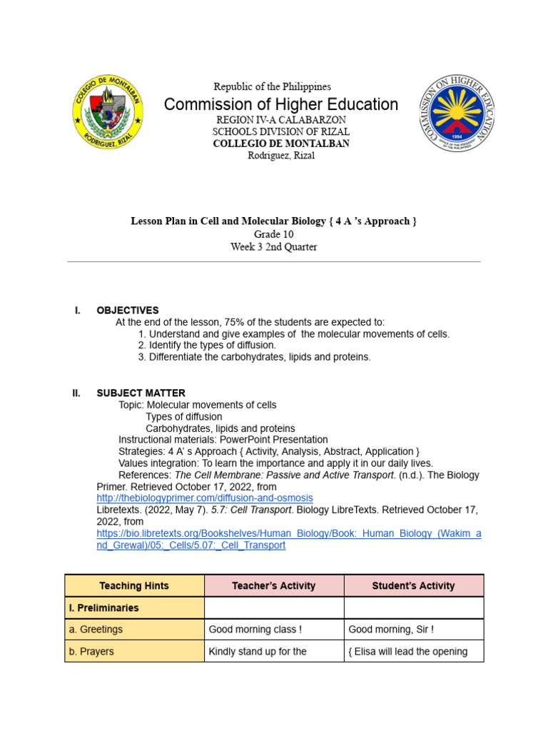 Name - Ibañez Ivan David S. Bsed-Sci-3a Lesson Plan Cell and Molecular ...