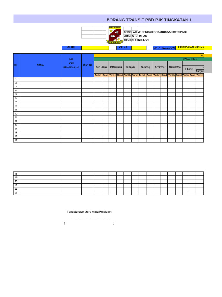 BORANG TRANSIT PBD PJK TING 1 Kosong | PDF