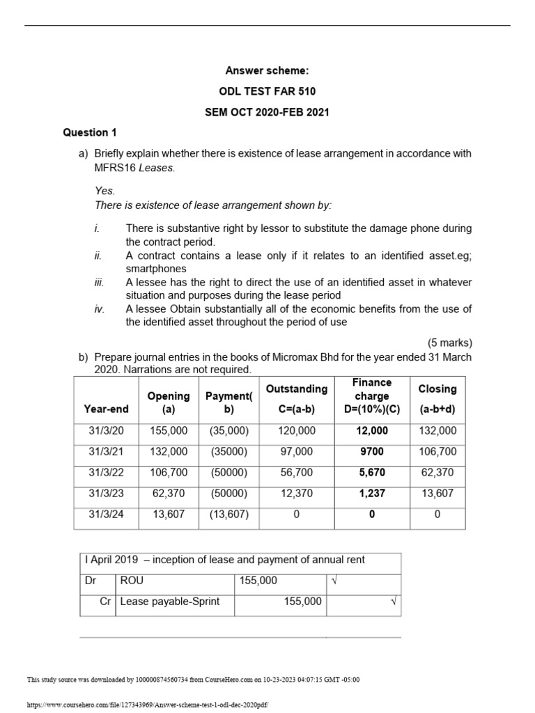 FAR 510 ODL Test Solutions 2020 | PDF | Depreciation | Lease