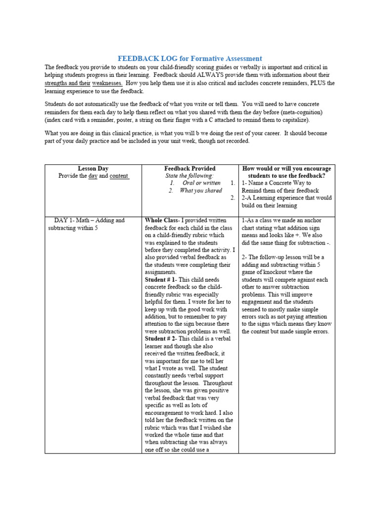 Feedback Log | Download Free PDF | Learning | Psychological Concepts