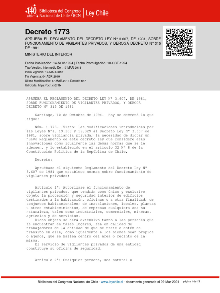 Dto 1773 - 14 Nov 1994 | PDF | Chile | Regulación