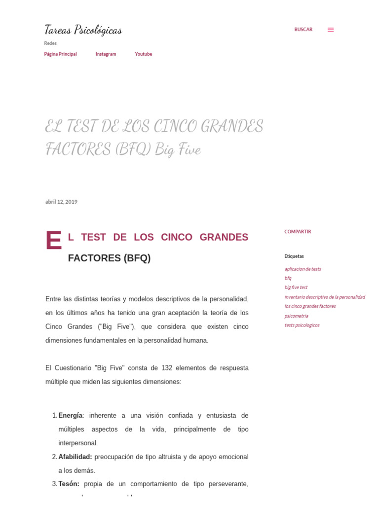 Test de Personalidad BFQ: Big Five | PDF | Sicología | Las emociones