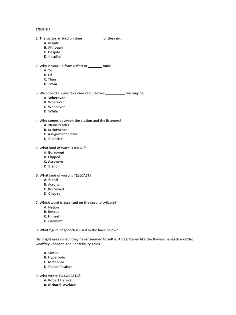 ENGLISH Quiz Bee | PDF