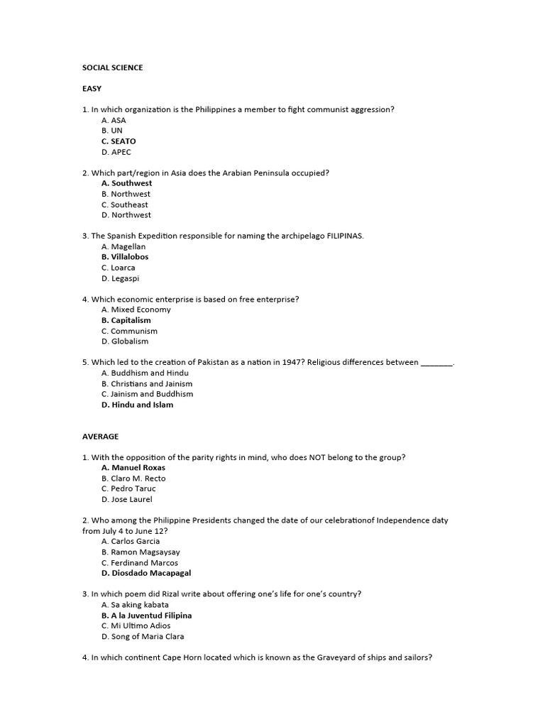 SOC-SCI Quiz Bee | PDF | Philippines