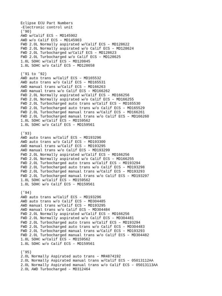 Eclipse ECU Part Numbers 1990-1999 | PDF | Motor Vehicle Manufacturers ...