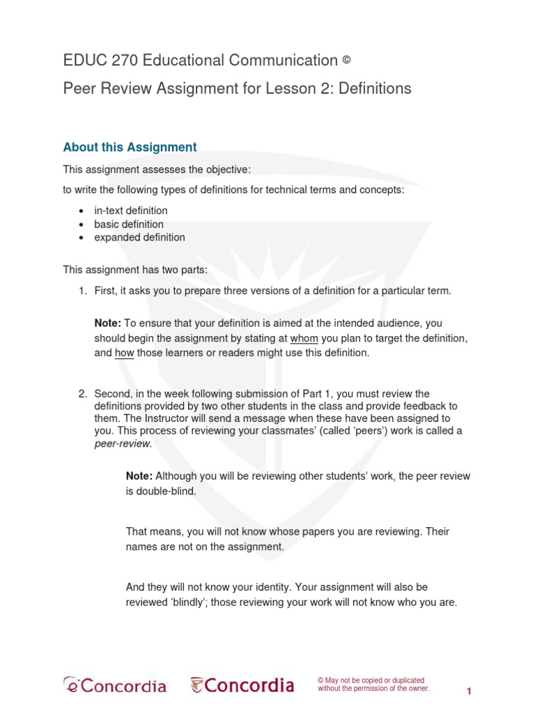 Definition Assignment Instructions | PDF | Peer Review