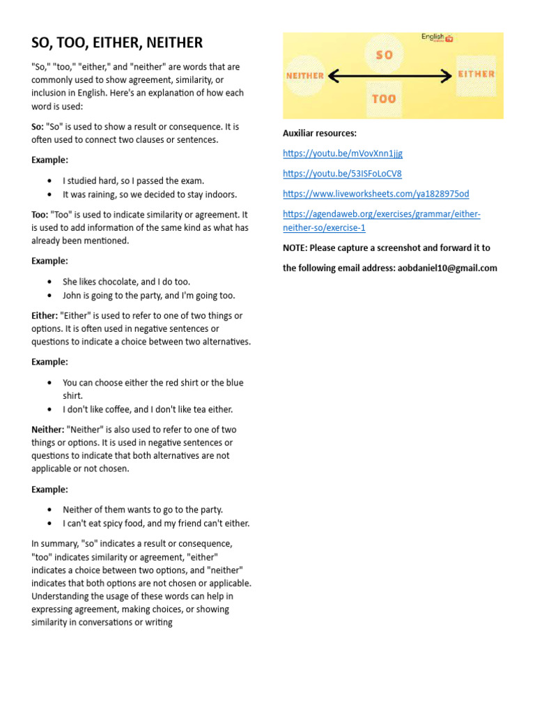 So, Too, Either, Neither | PDF