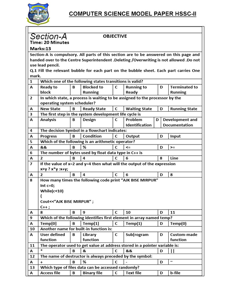 HSSC-II Computer Science Model Paper | PDF | Computer Architecture ...