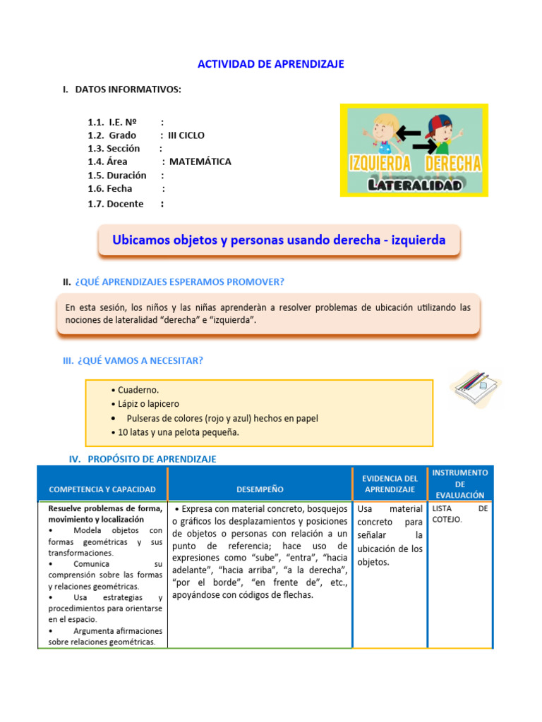 E1 A2 SESION MAT Ubicamos Objetos y Personas Usando Derecha - Izquierda | PDF | Evaluación