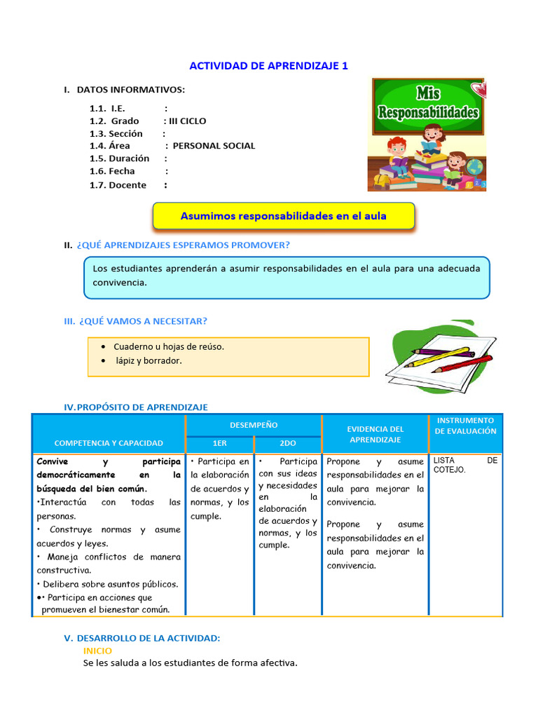 D1 A2 SESION PS. Asumimos Responsabilidades en El Aula | PDF | Evaluación